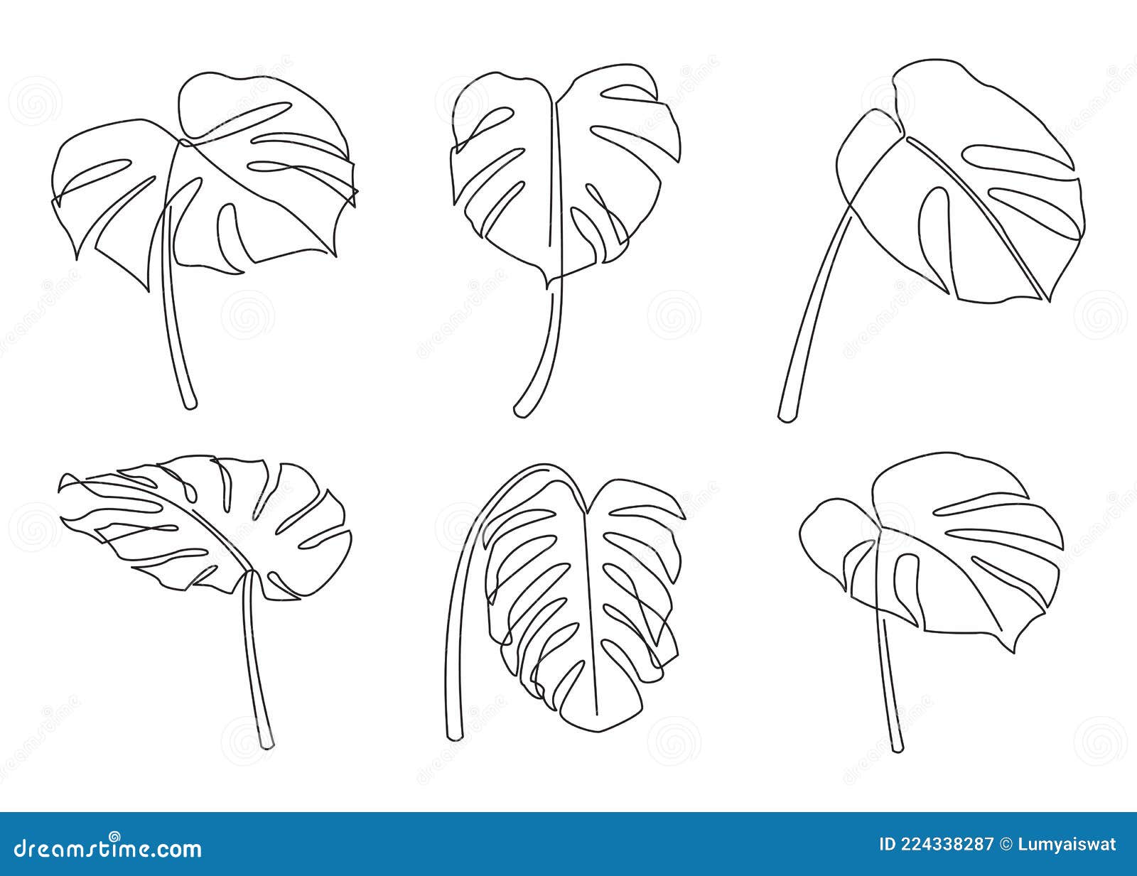 Continuous Line Drawing Monstera Leaves Set Stock Vector - Illustration ...