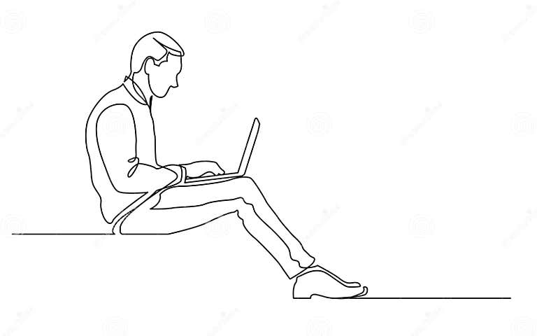 Continuous Line Drawing of Office Worker Sitting Working on Laptop ...