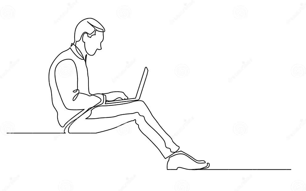 Continuous Line Drawing of Office Worker Sitting Working on Laptop ...