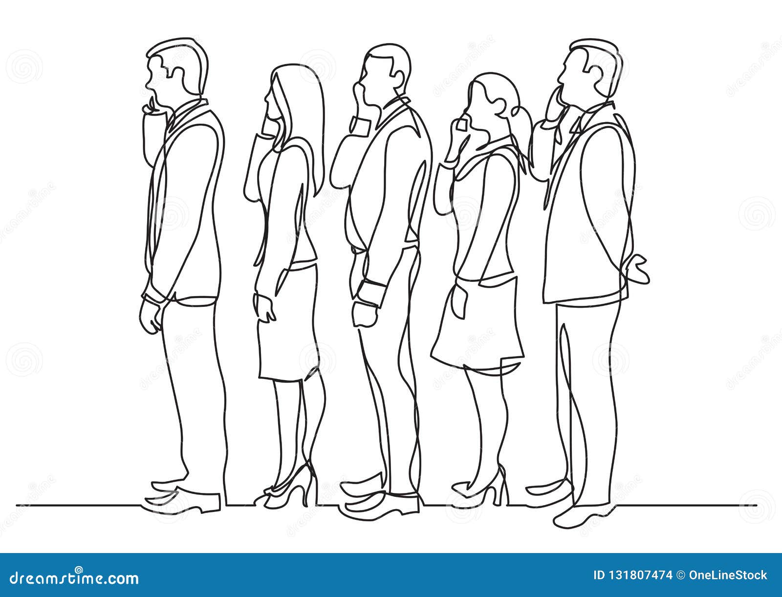 Continuous Line Drawing of Office Workers Standing in Line Making Phone ...