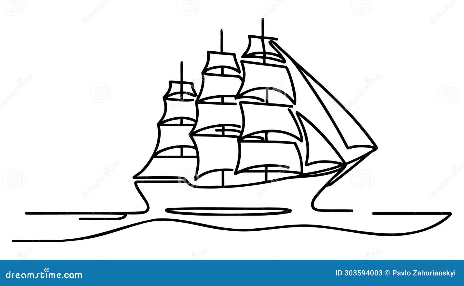 Continuous Line Drawing of Old Ship Stock Vector - Illustration of ...