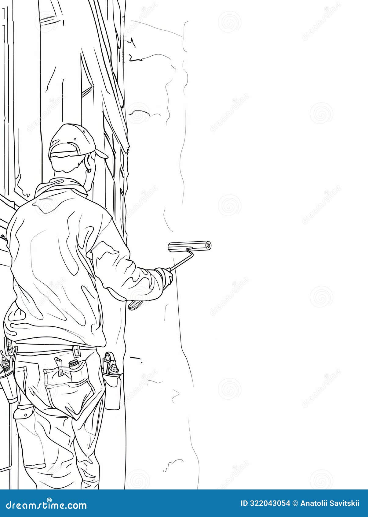 Continuous Line Drawing of a Painter in Action Painting a Wall with a ...