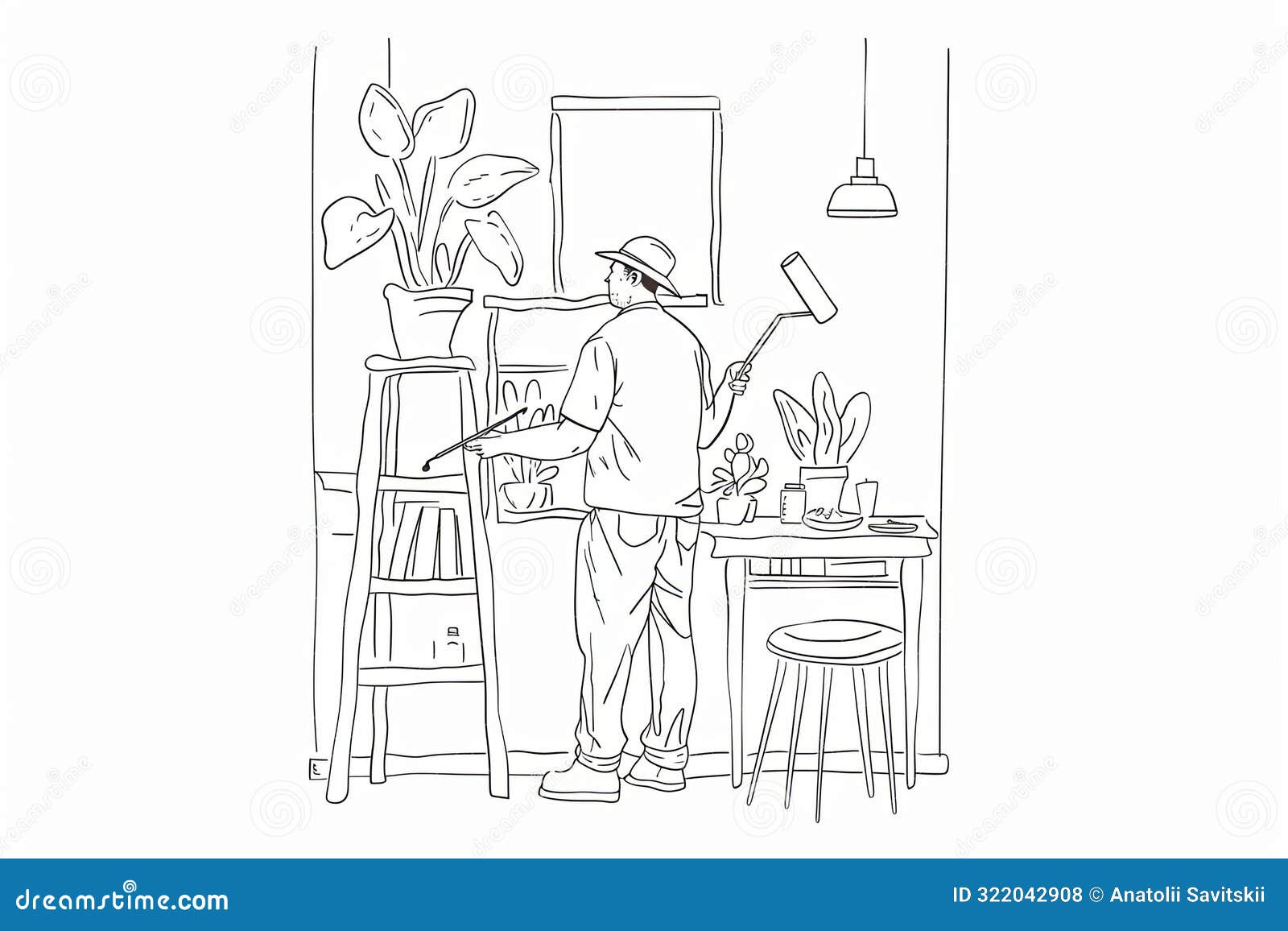 A Continuous Line Drawing of a Painter Decorating a Room Interior ...