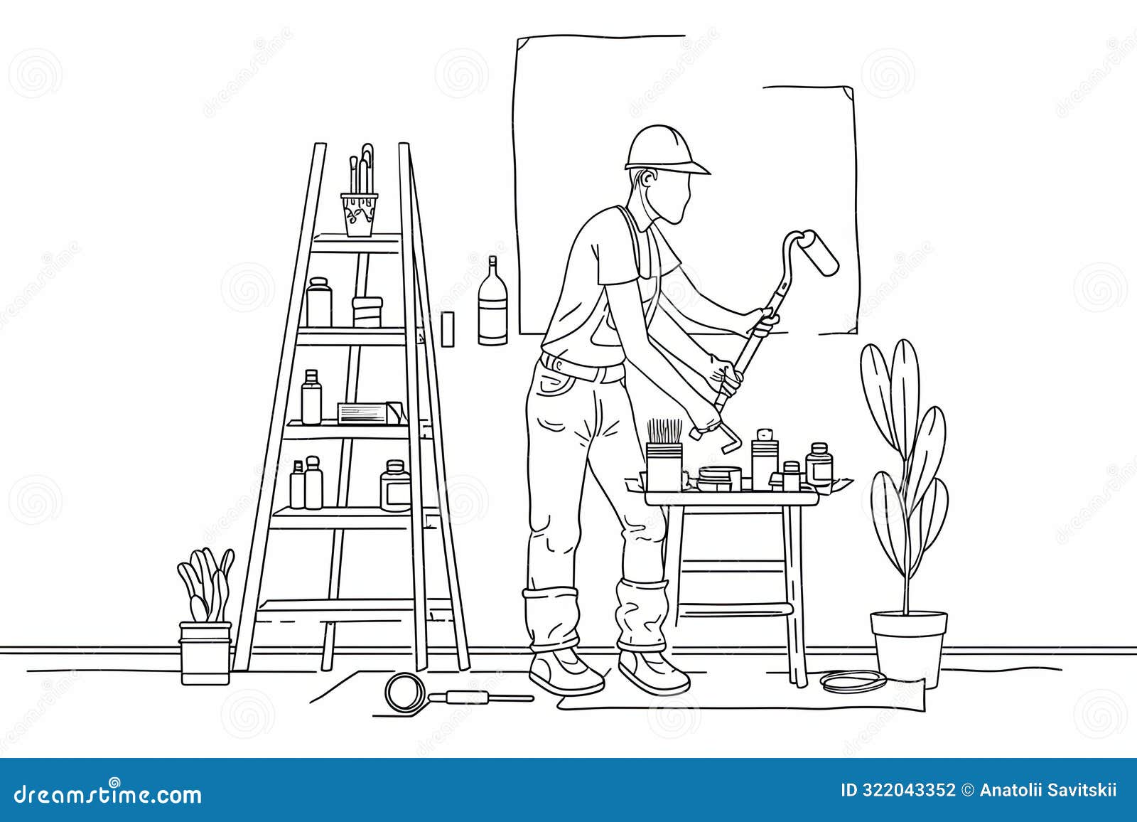 A Continuous Line Drawing of a Painter Decorator Repairman Painting an ...