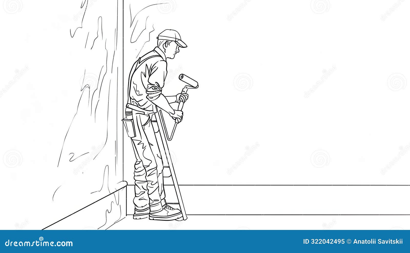 A Continuous Line Drawing of a Painter Standing on a Ladder, Holding a ...