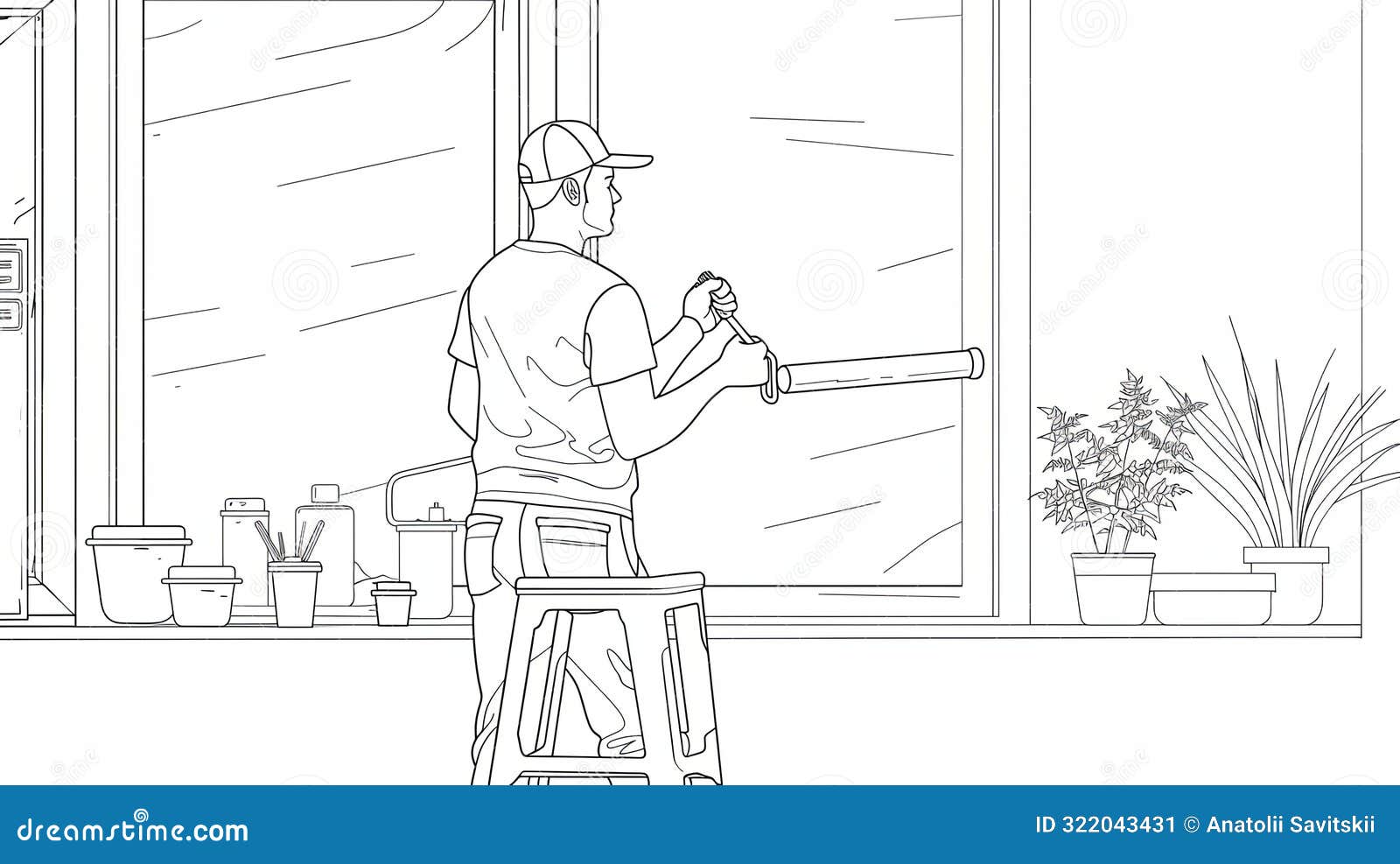 A Continuous Line Drawing of a Painter Working on a Window in an ...