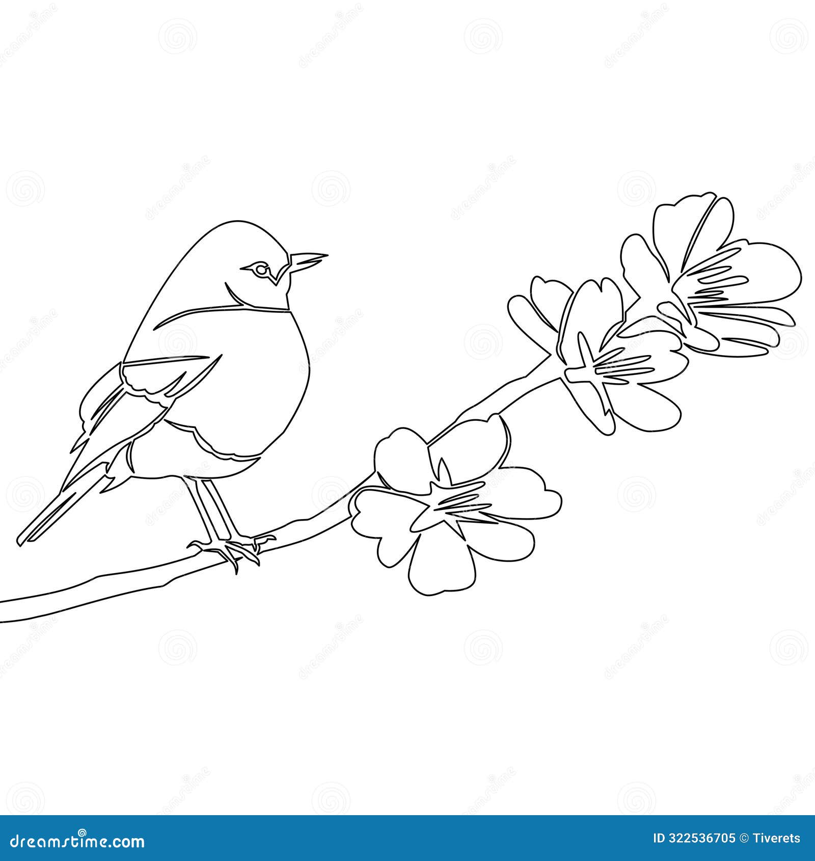 Continuous Line Drawing Small Bird Perched on Blooming Tree Branch Icon ...