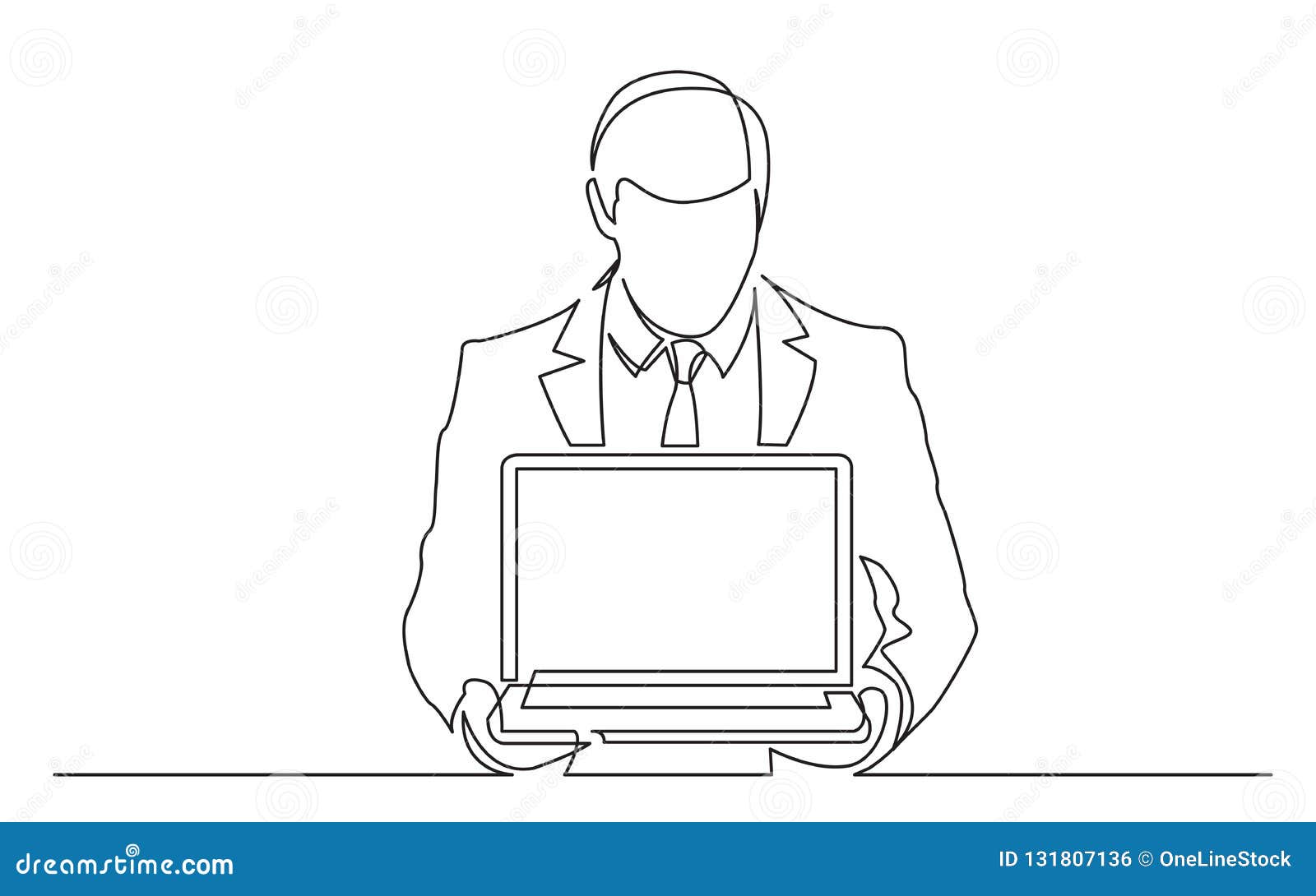 Continuous Line Drawing of Standing Man in Suit Showing-laptop Computer ...