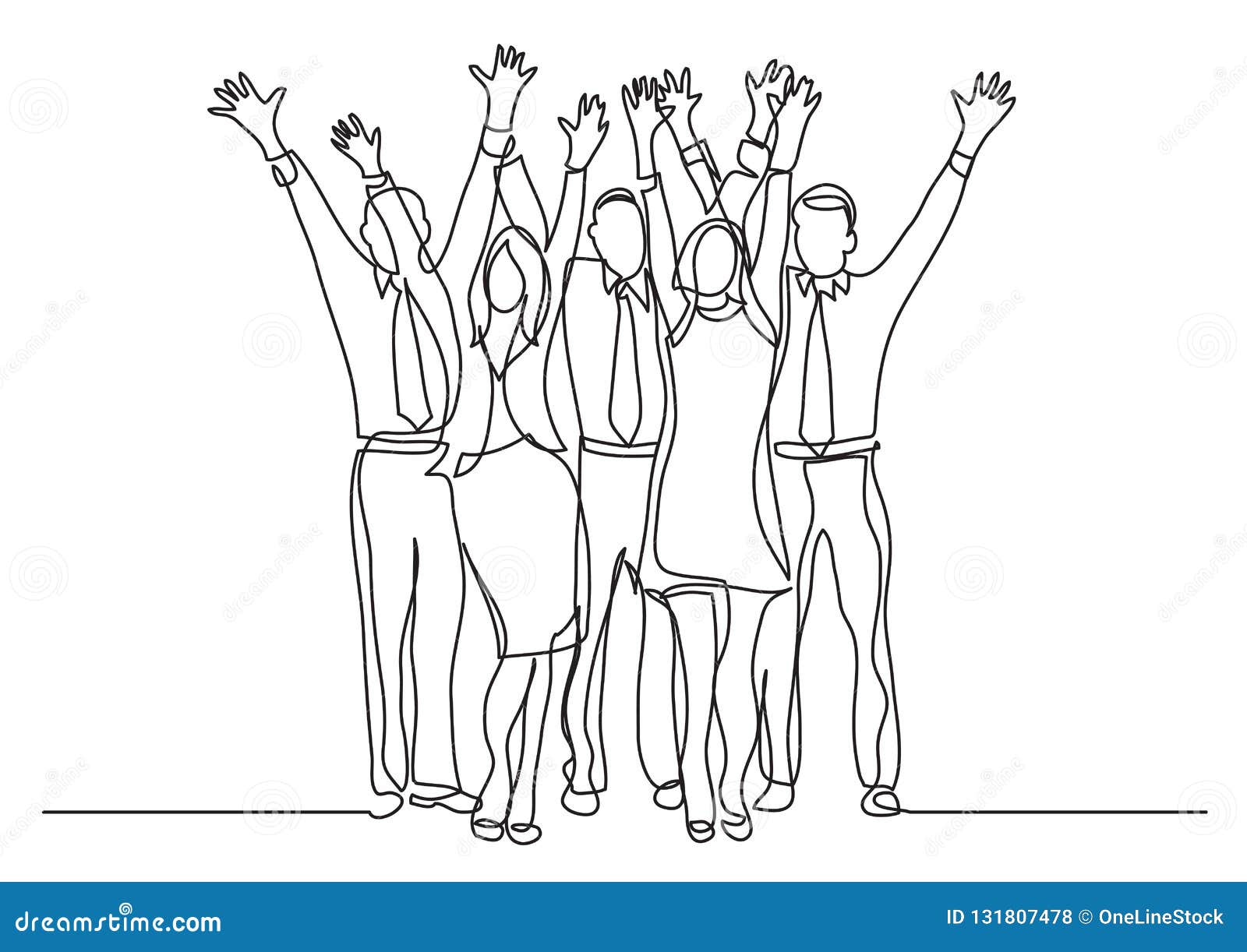 Continuous Line Drawing of Standing Office Team Cheering Waving Hands ...