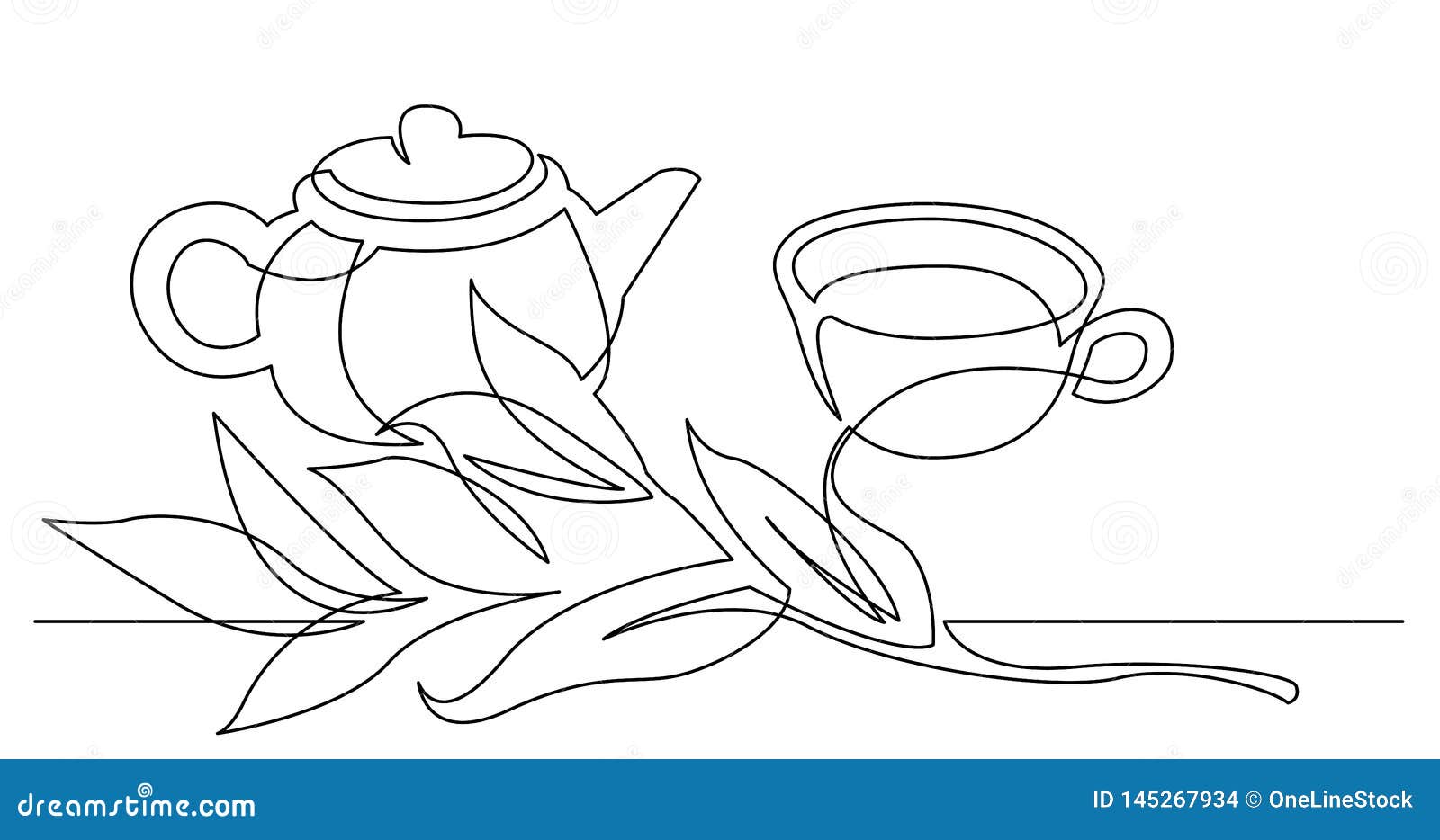 Continuous Line Drawing of Tea Leaves Pot and Cup of Herbal Tea Stock ...