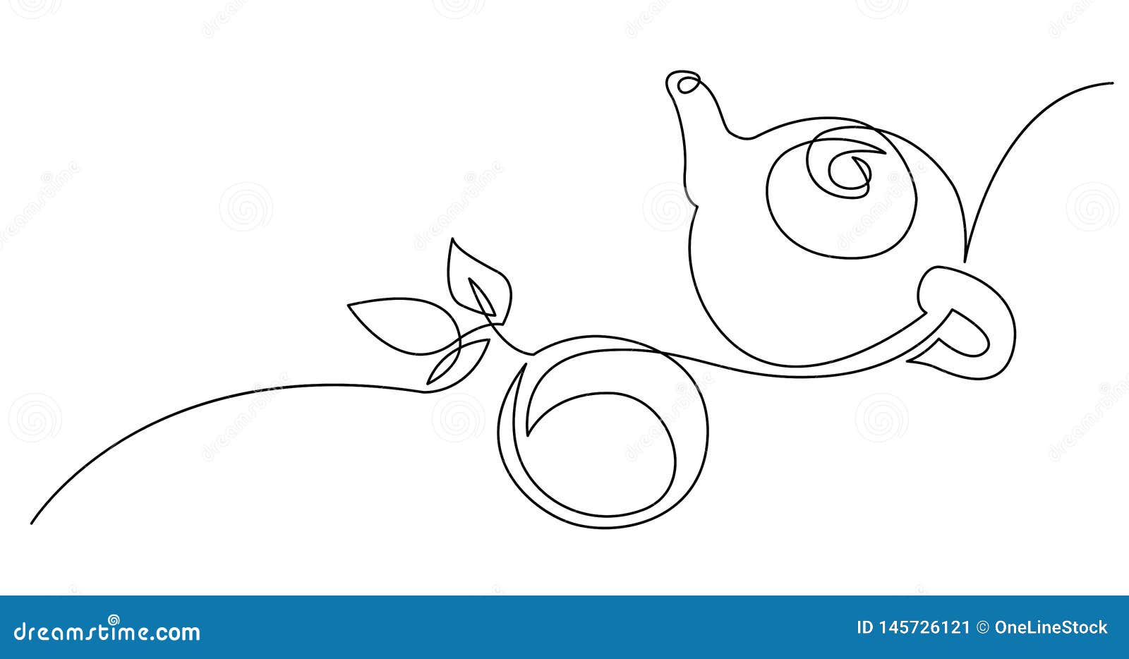 Continuous Line Drawing of Tea Pot with Tea Leaves and Cup Stock ...