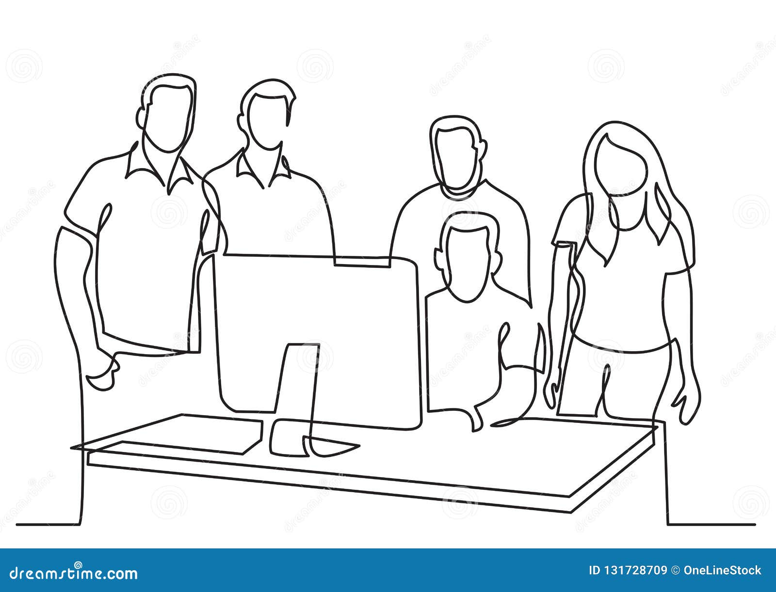 Continuous Line Drawing Of Team Standing In Office Cartoon Vector ...