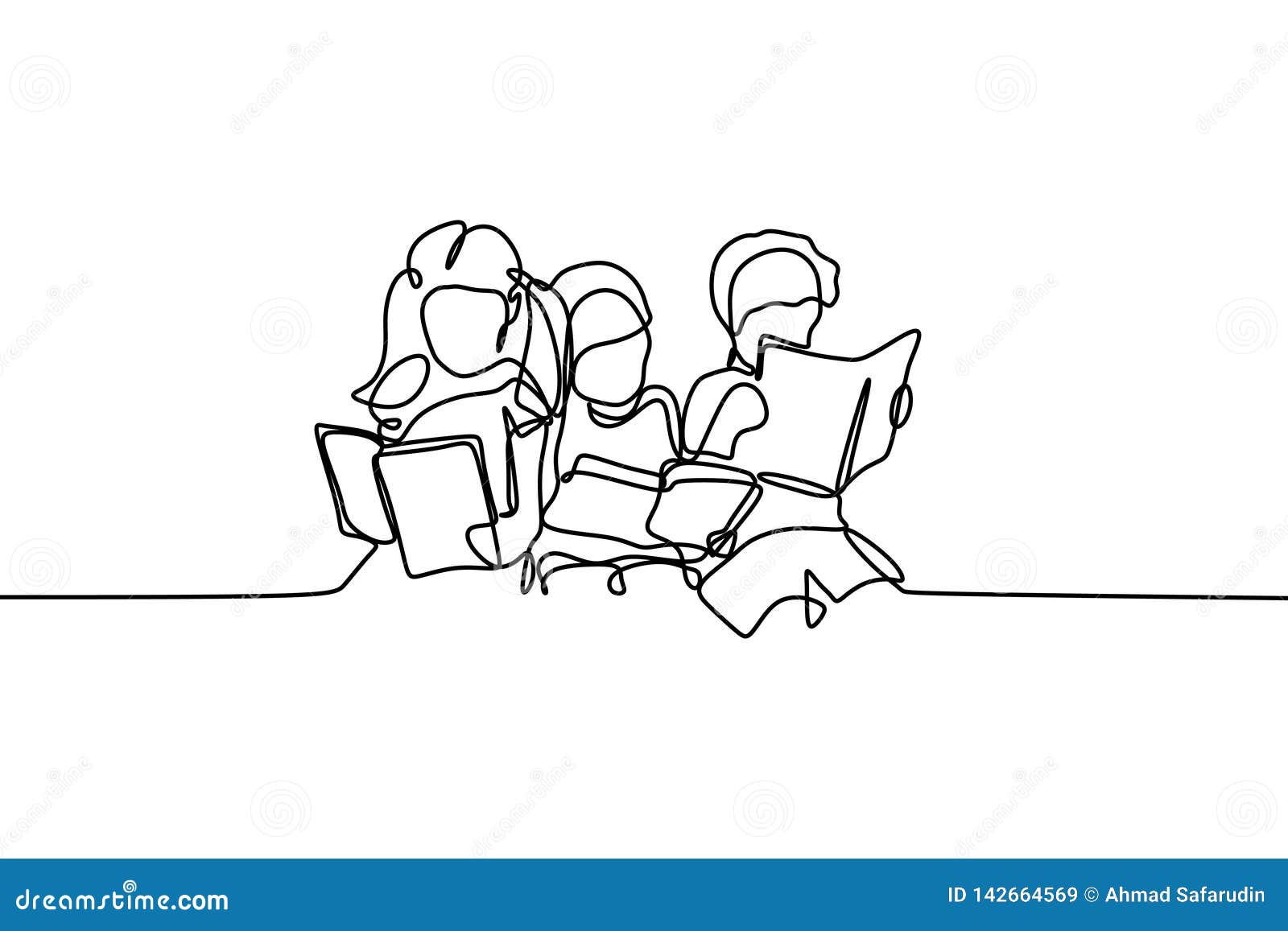 Continuous Line Drawing of Teens Reading Books. they Study Very Hard ...