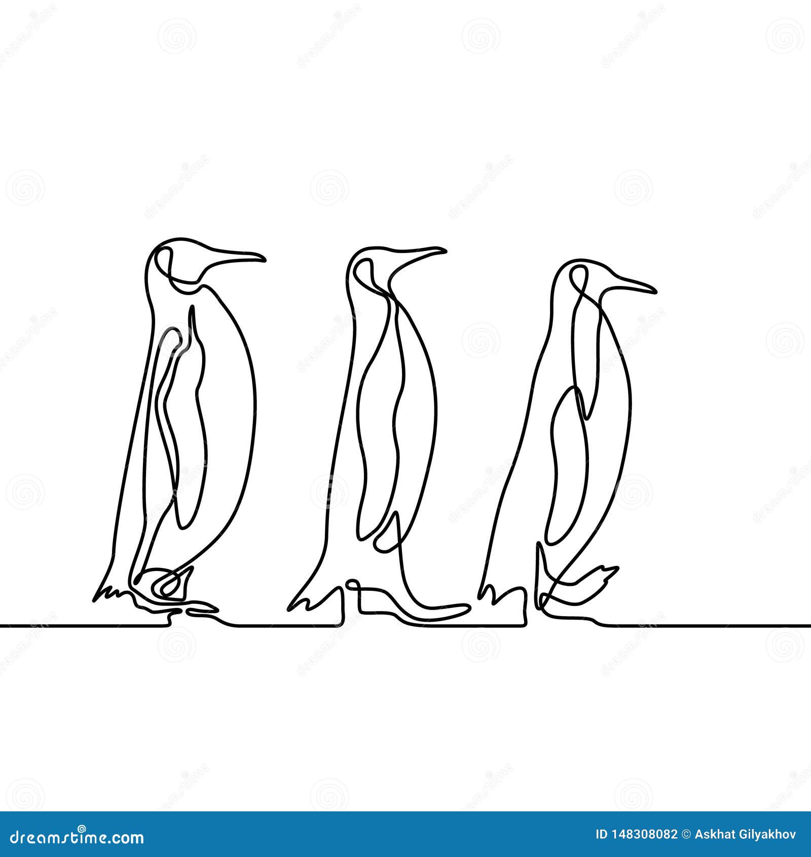 Continuous Line Drawing Three Penguins Follow Each Other. Travel ...