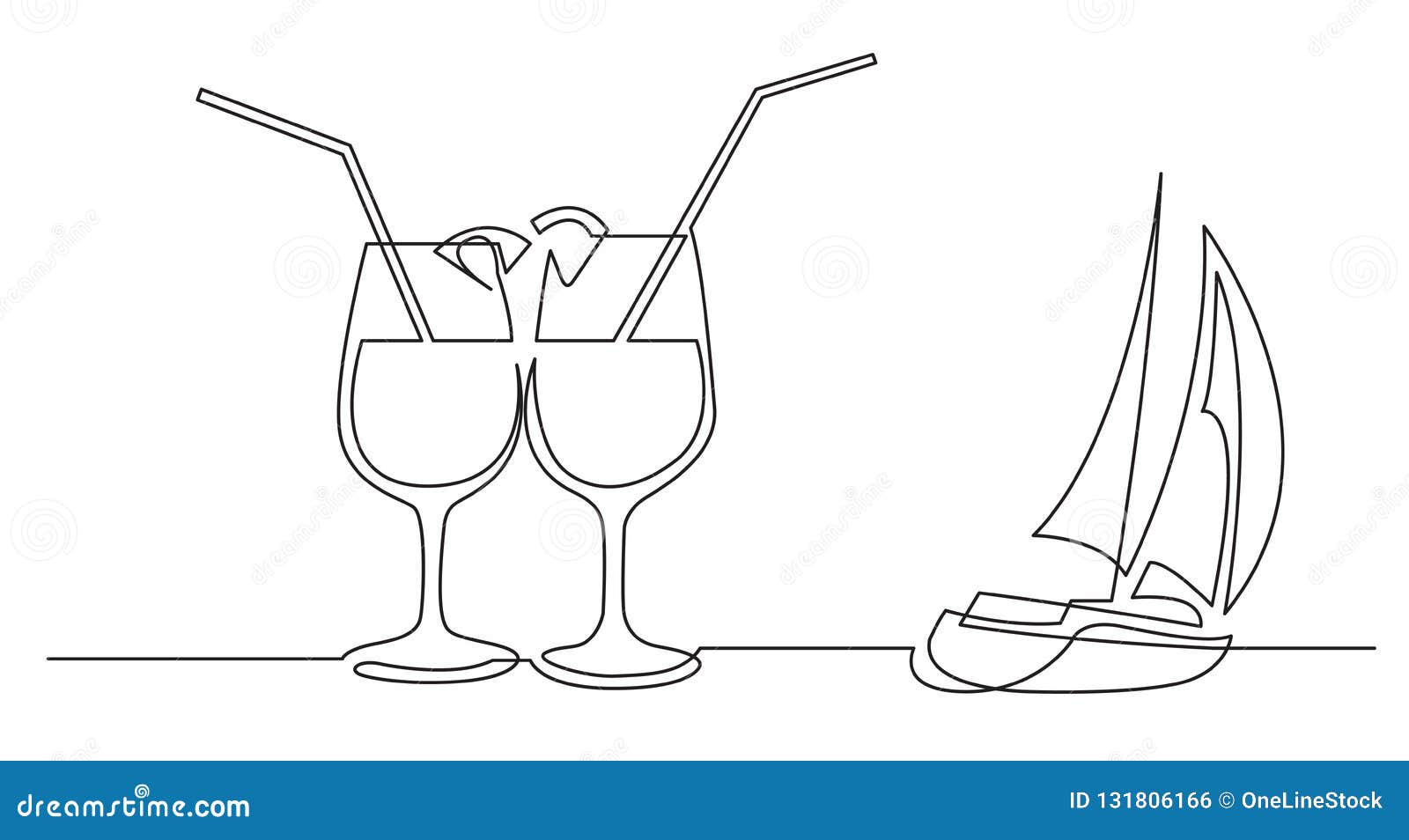 Continuous Line Drawing of Two Cocktail Drinks and Sailing Boat Stock ...