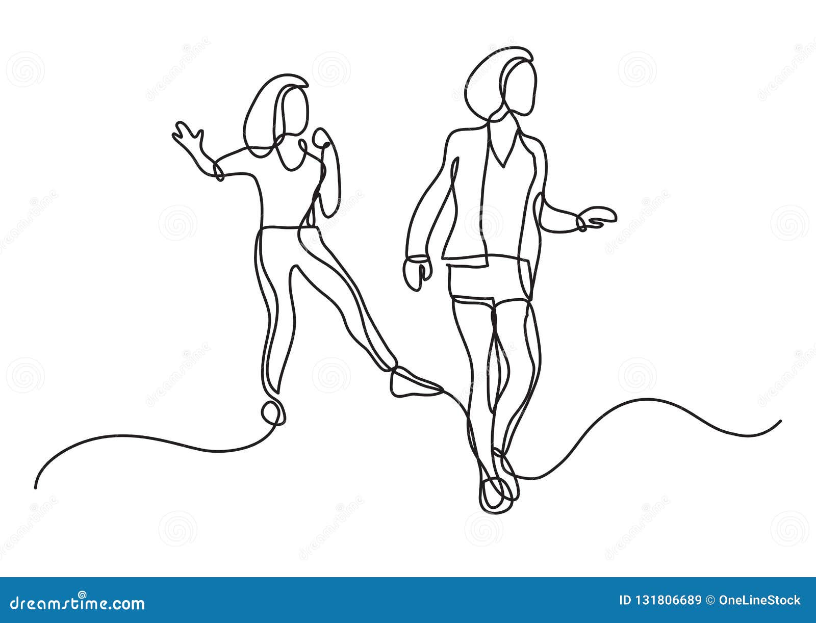 Continuous Line Drawing Of Two Girls Having Fun Cartoon Vector ...