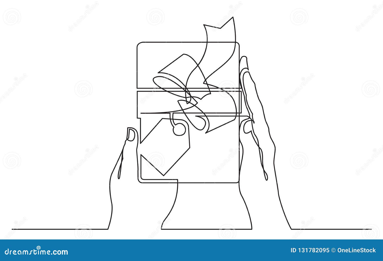 Continuous Line Drawing of Two Hands Holding Gift Box with Ribbon and ...