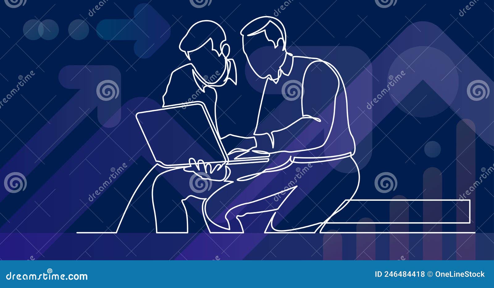 Continuous Line Drawing of Two Men Discussing Work Task on Laptop ...