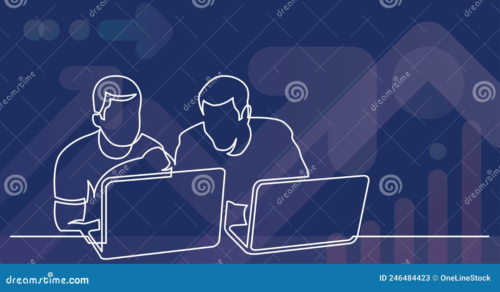 Continuous Line Drawing Of Two Men Sitting And Talking With Laptop ...