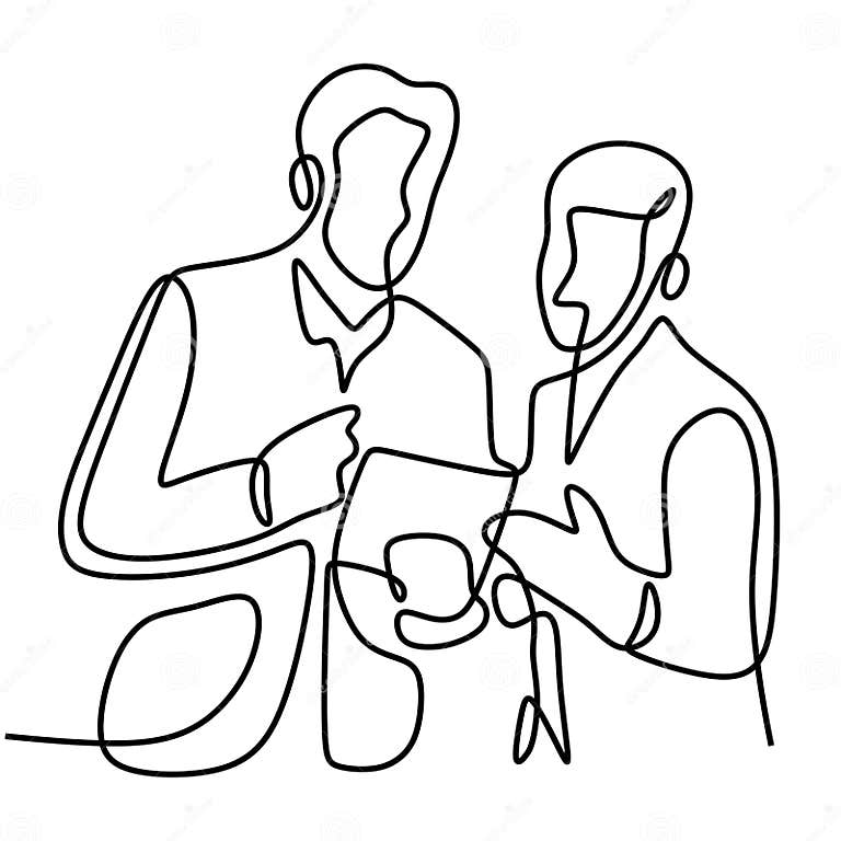 Continuous Line Drawing of Two Men Standing Talking about Document ...