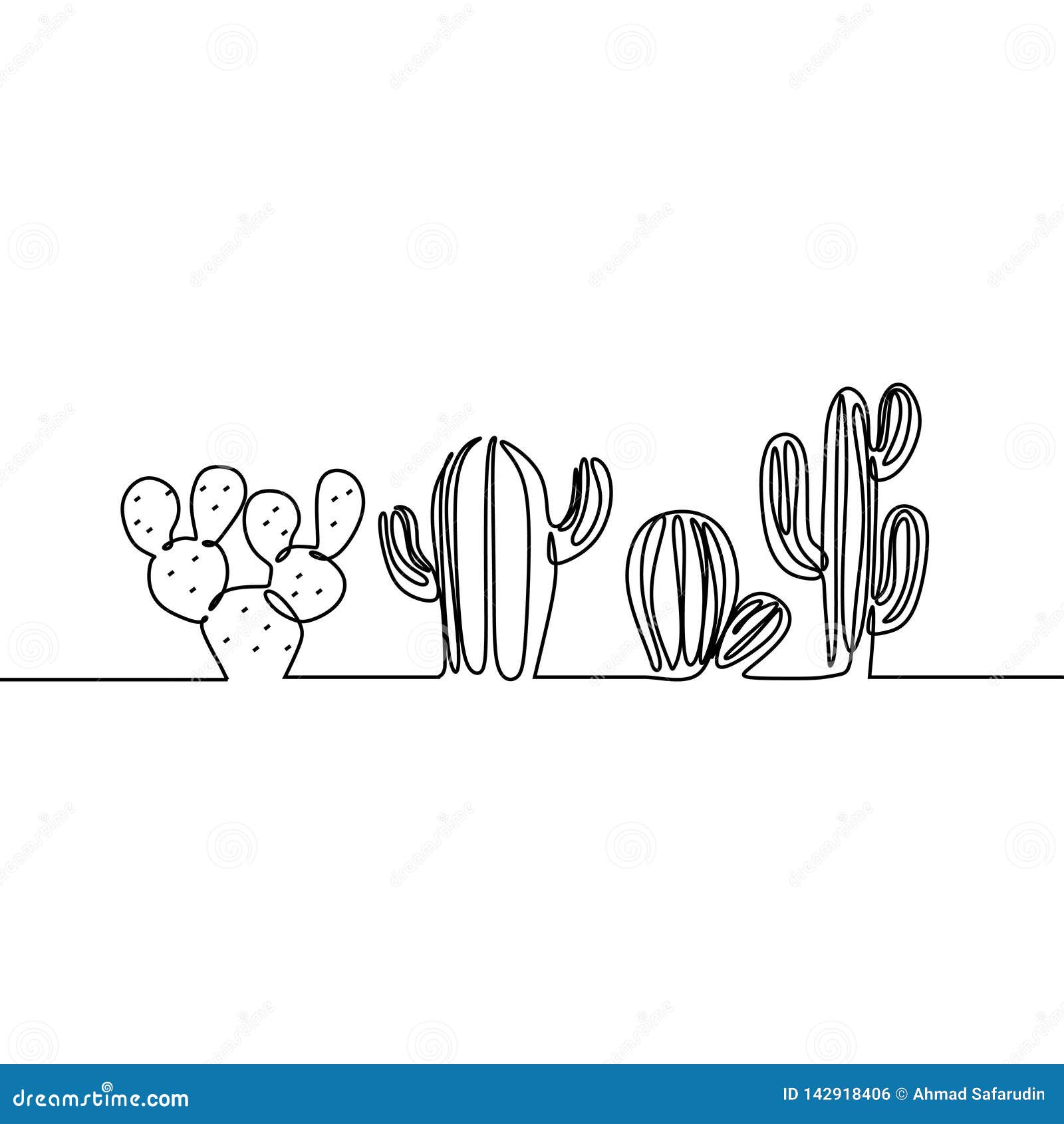 Continuous Line Drawing Of Vector Set Of Cute Cactus Black And White