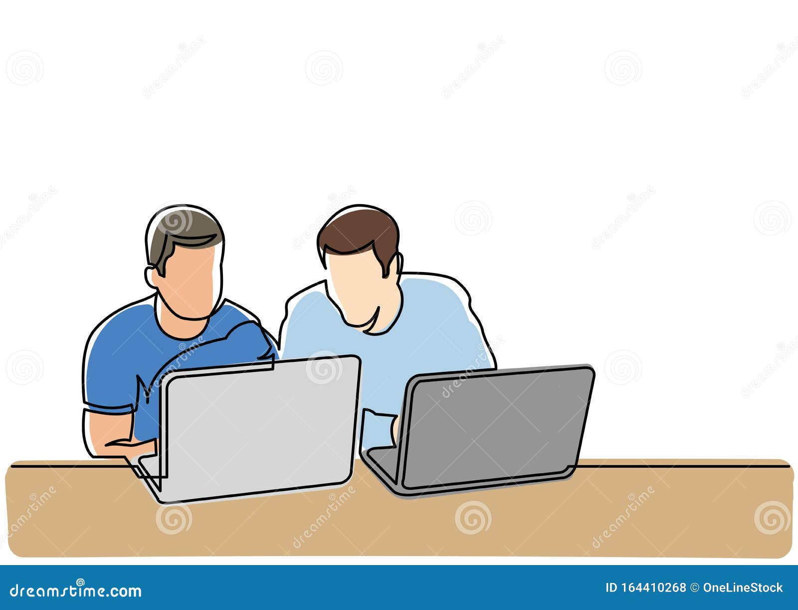Continuous Line Drawing of Two Men Sitting and Talking with Laptop ...