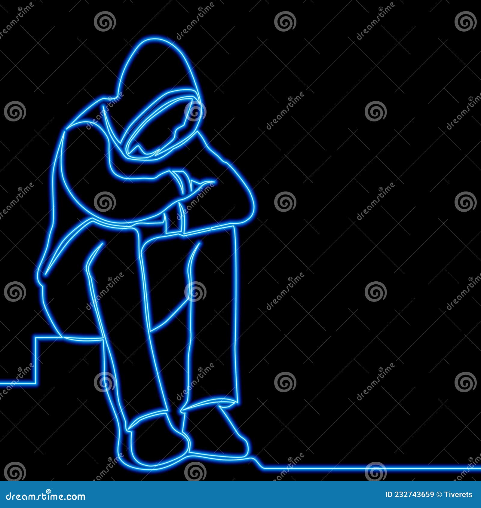 Continuous Line Sad Mind Man Solitude Neon Concept Stock Vector ...