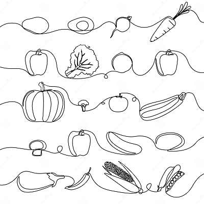 Continuous Line Set of Vegetables, Design Elements for Grocery. Vector ...