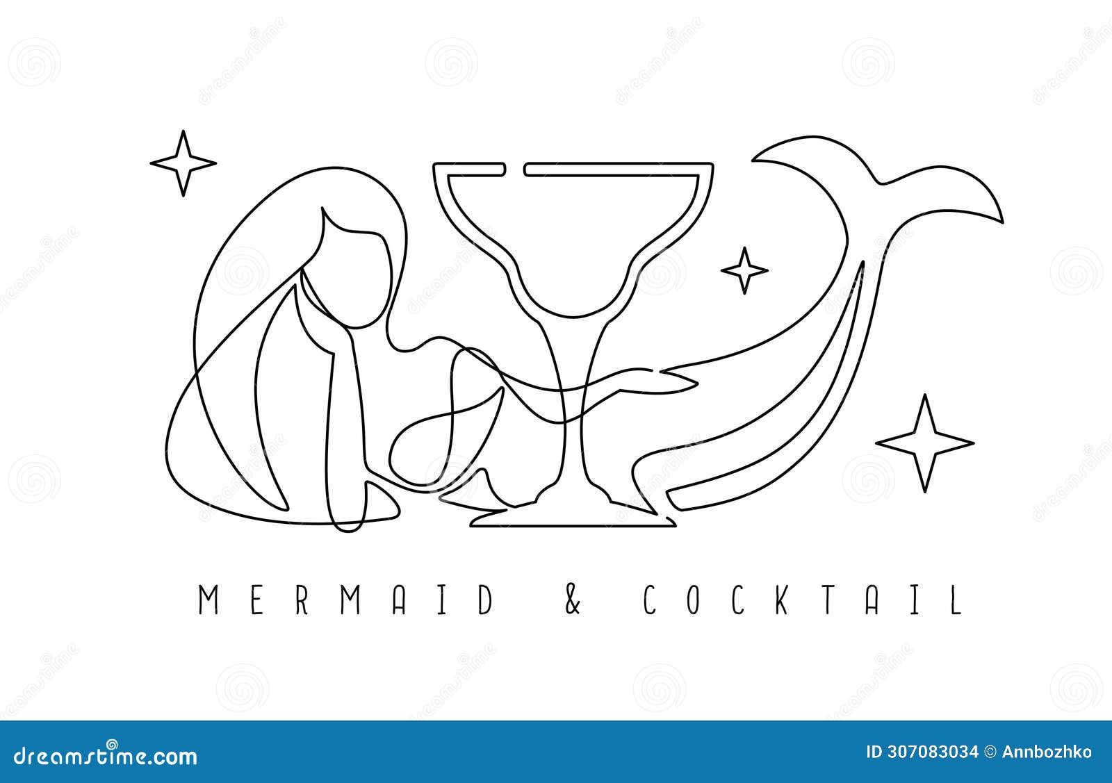 Continuous Line Vector Illustration of Mermaid with Cocktail Glass ...
