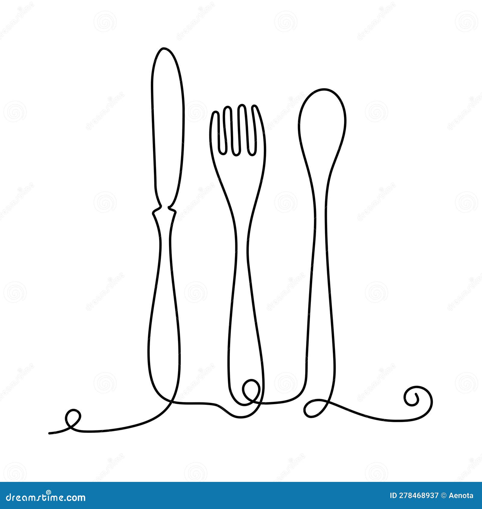 Continuous One Line Cafe Logo - Flat Drawn Cutlery Design Cartoon ...