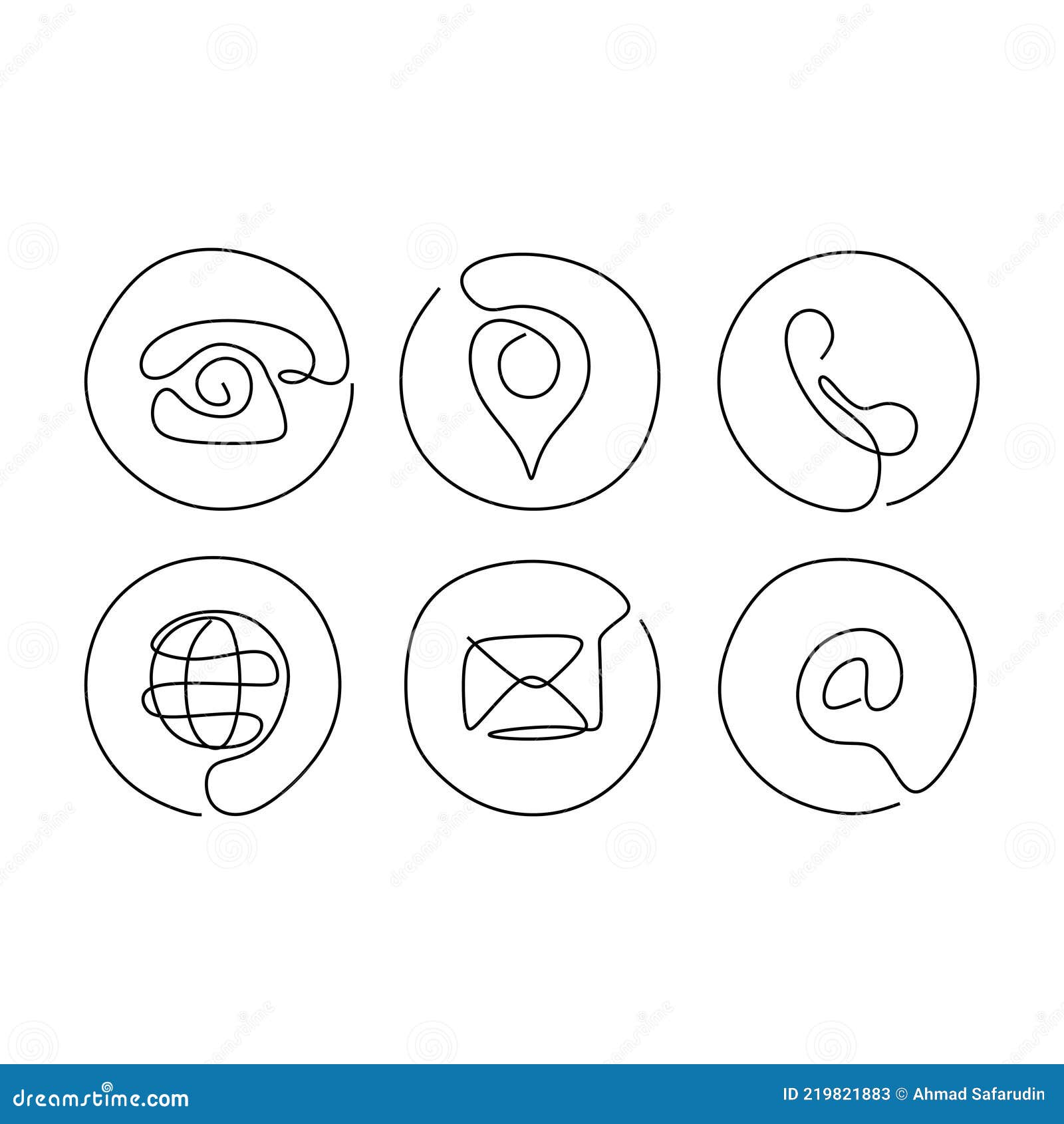 Continuous One Line of Communication Icons. Phone, Map, Globe, Mail and ...