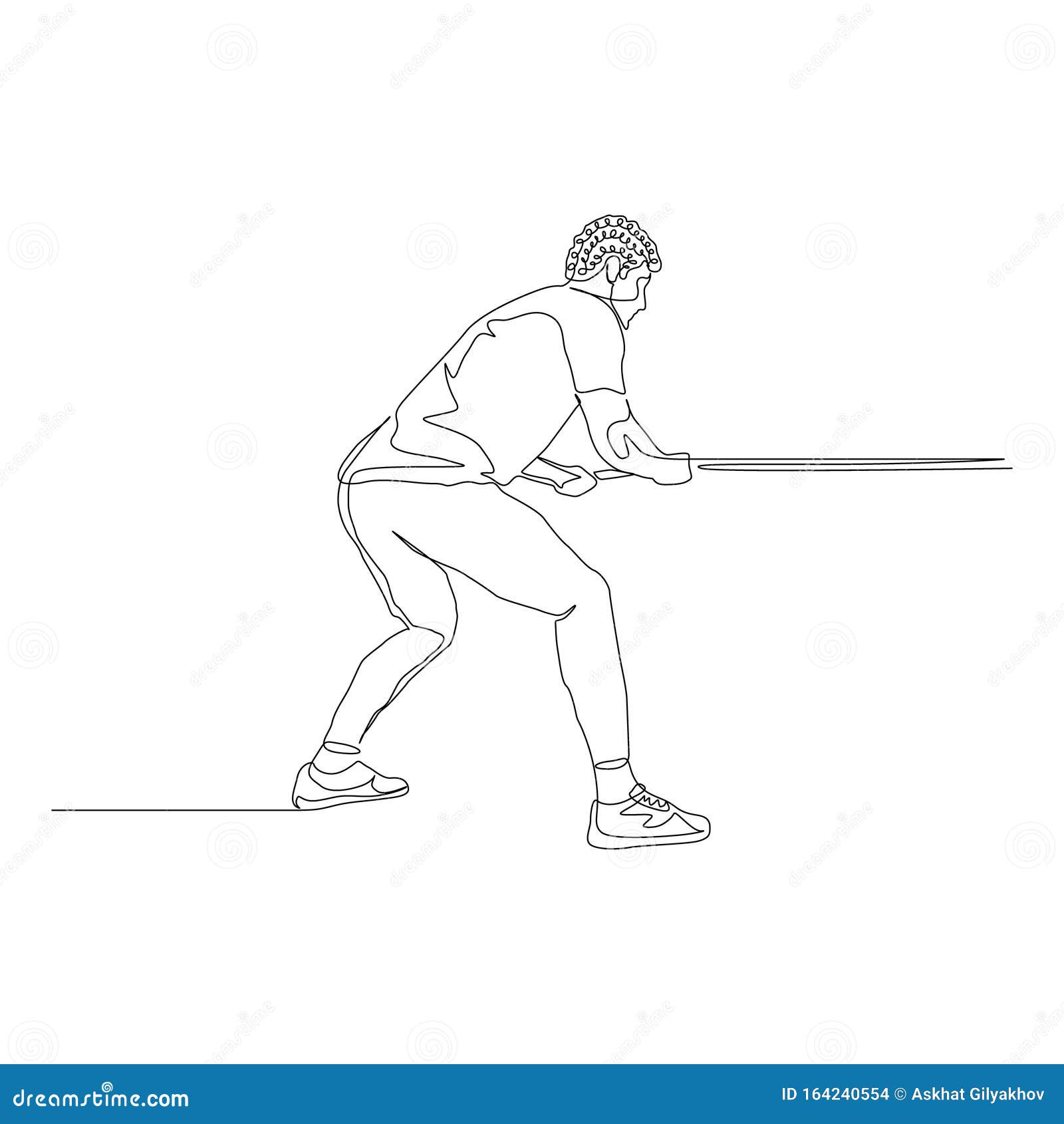 Continuous One Line Curly-haired Man Pulls a Rope. Tug of War. Vector ...