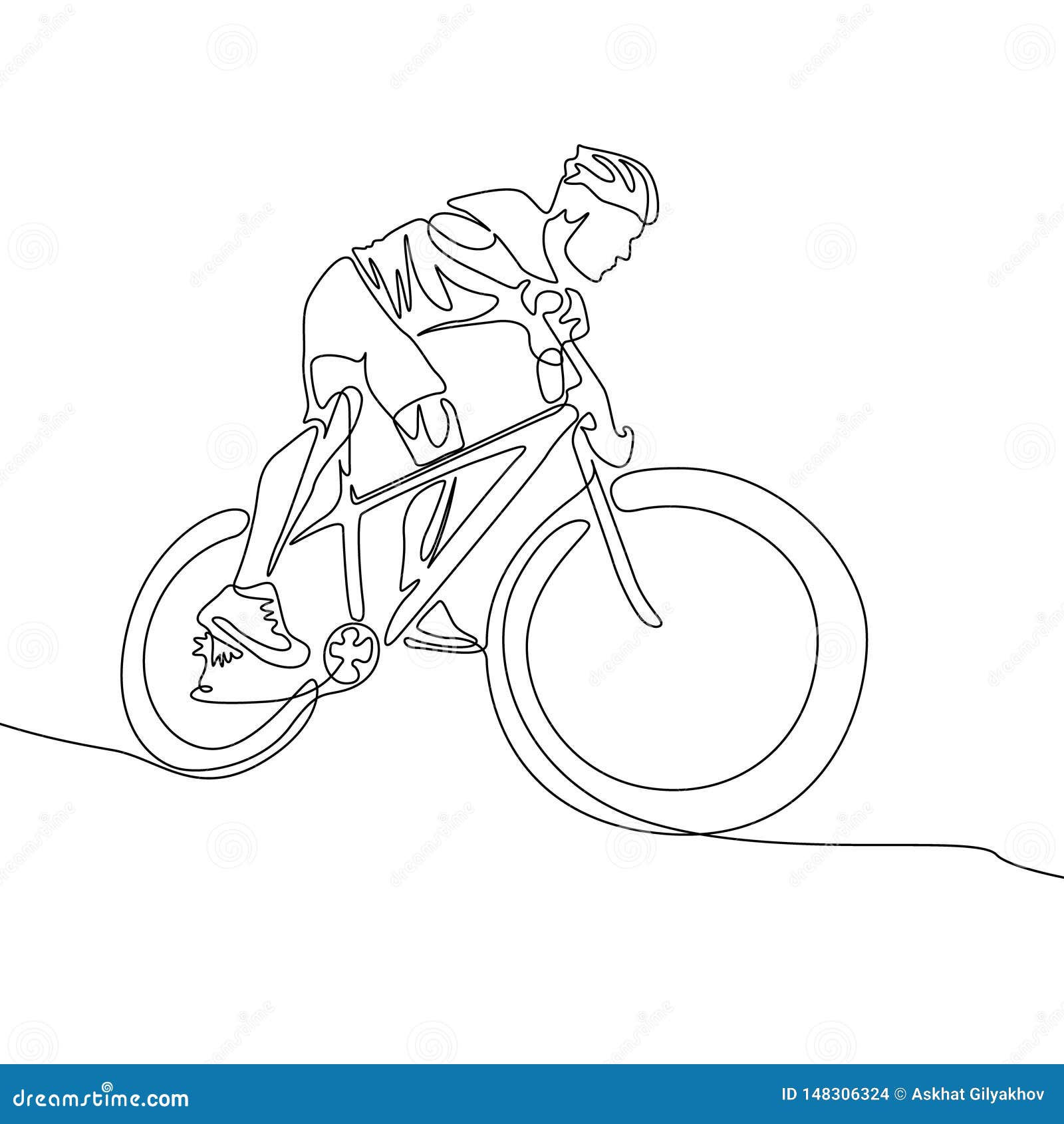Continuous One Line Cyclist in a Helmet Riding Bicycle Down the Slope ...