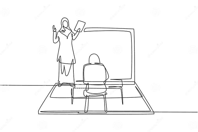 Continuous One Line Drawing Arabian Female Teacher Standing In Front Of