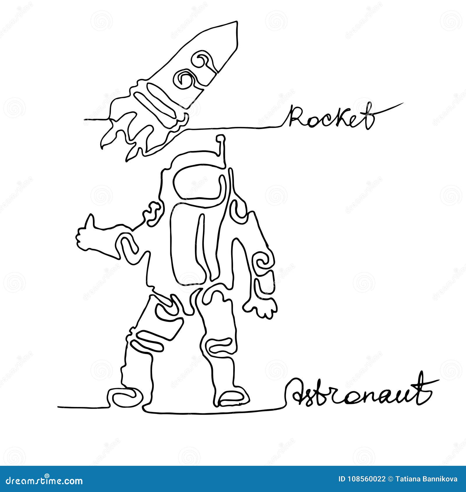 Continuous One Line Drawing. Astronaut, Rocket Ship. Space Exploration ...