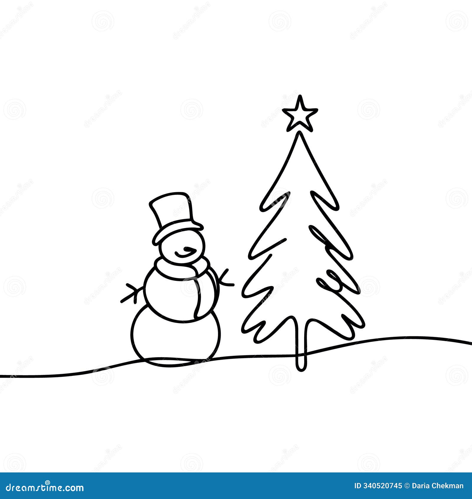 Continuous One Line Drawing of Christmas Tree and Snowman in Hat with ...