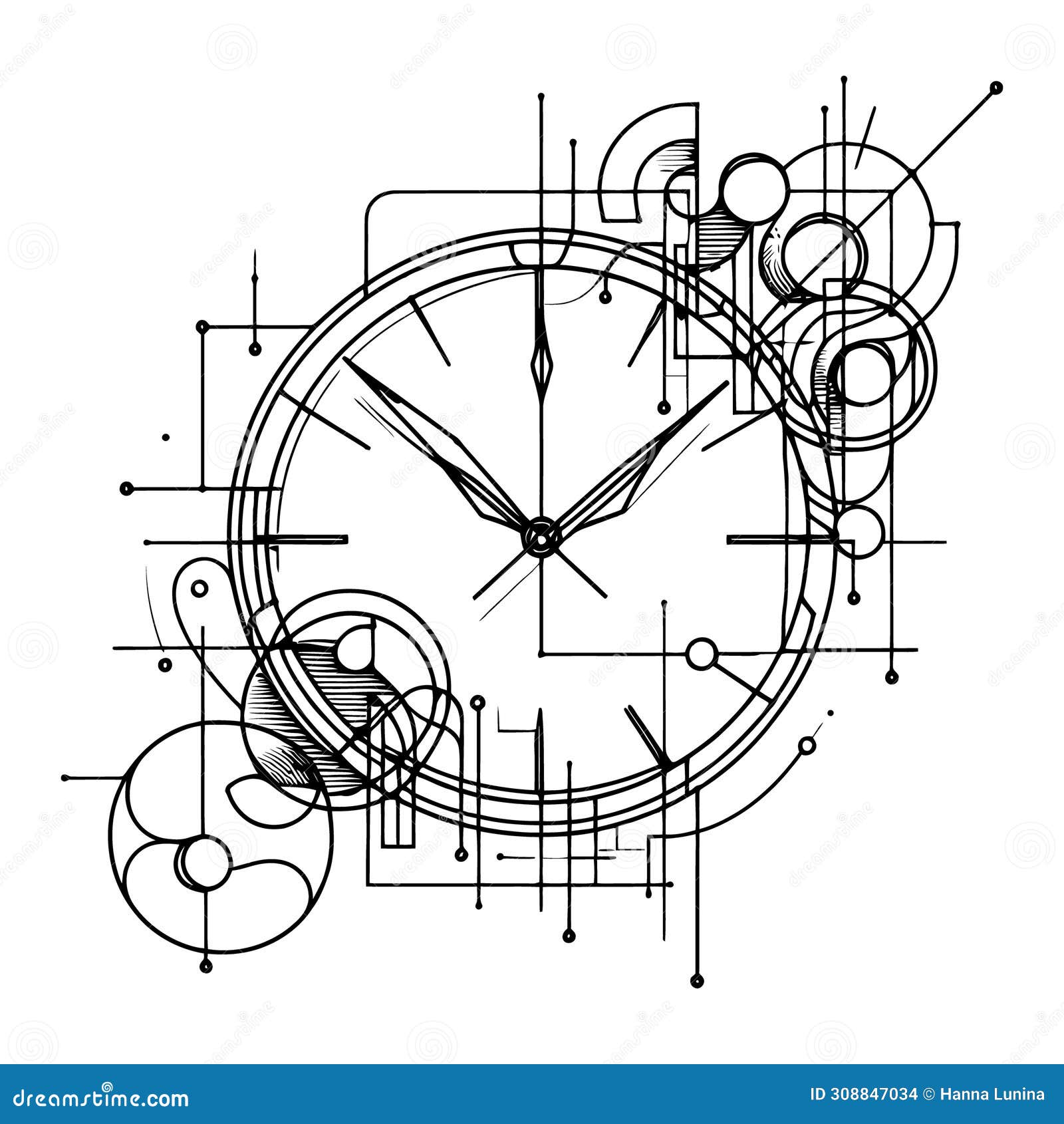Continuous One Line Drawing of Clock Icon with Doodles. Vector ...