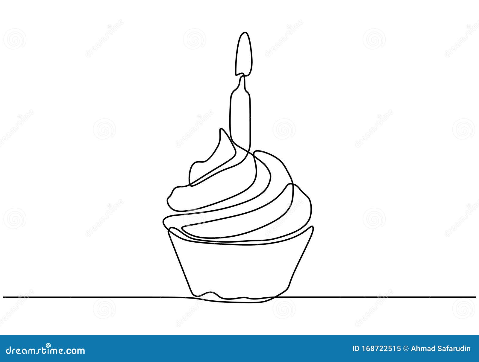 Continuous One Line Drawing Of Cupcake With Candle Stock Vector