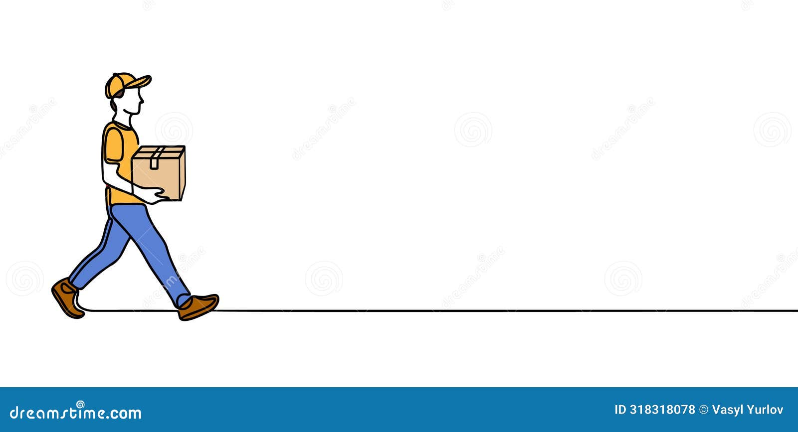 Continuous One Line Drawing Delivery Man with Parcel Box. Drawing of ...