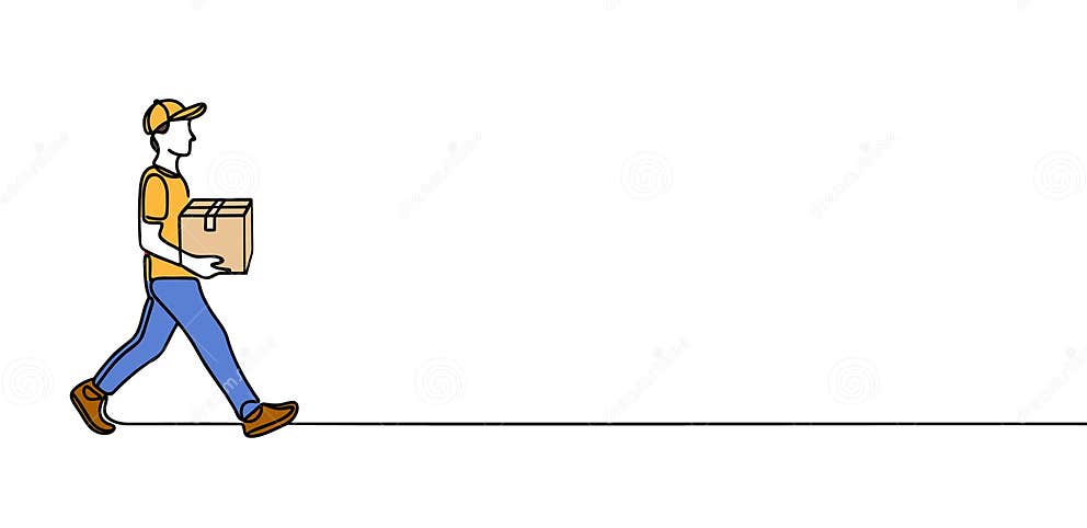 Continuous One Line Drawing Delivery Man with Parcel Box. Drawing of ...