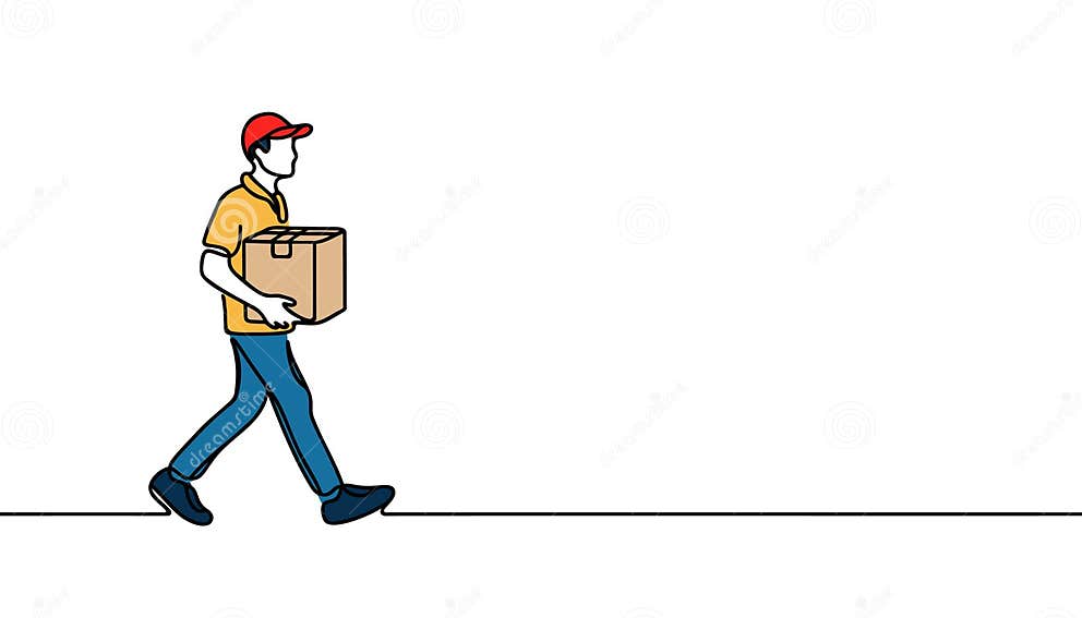 Continuous One Line Drawing Delivery Man with Parcel Box. Drawing of ...