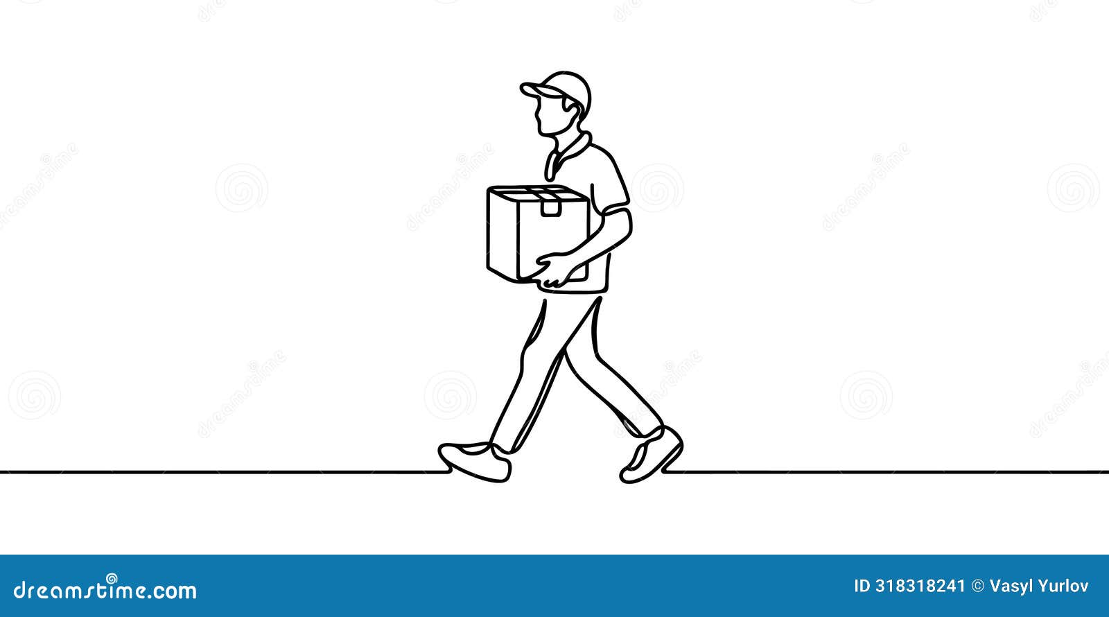 Continuous One Line Drawing Delivery Man with Parcel Box. Drawing of ...
