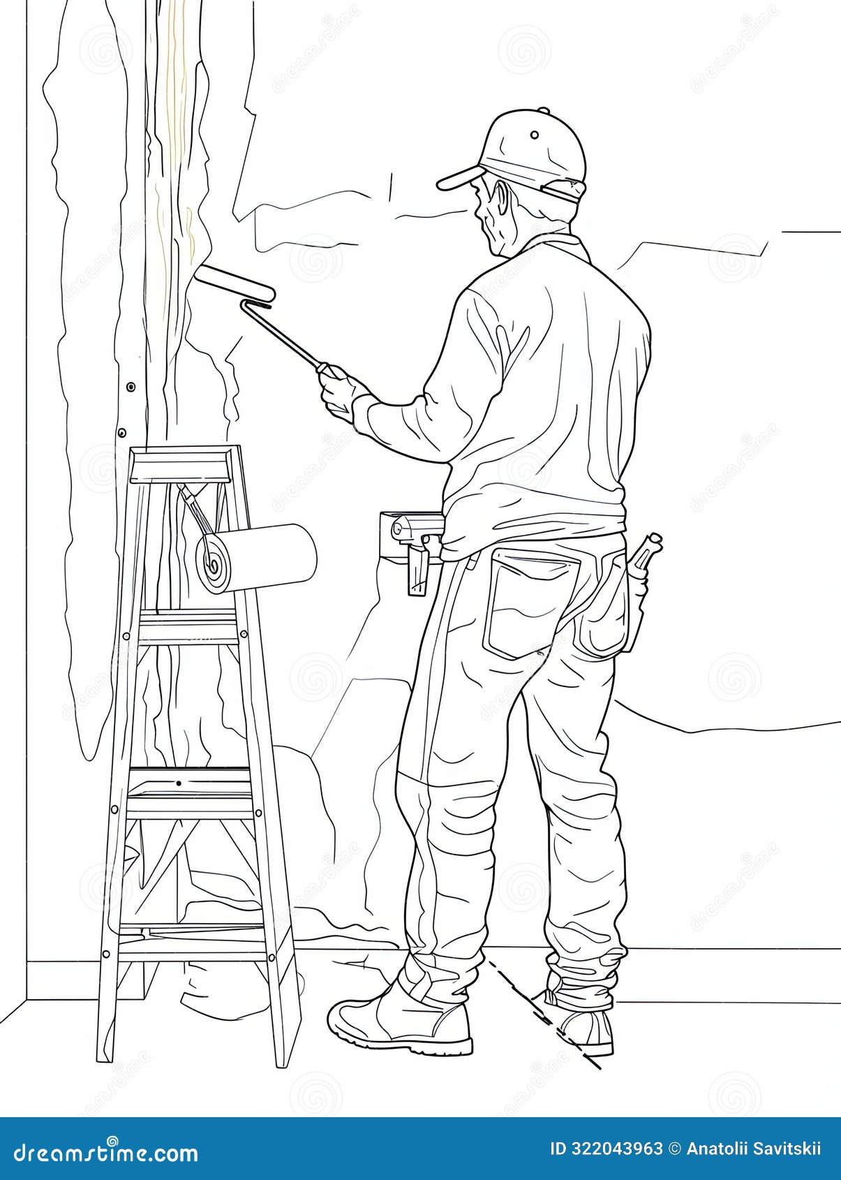 A Continuous One-line Drawing Depicting a Painter Using a Paint Roller ...