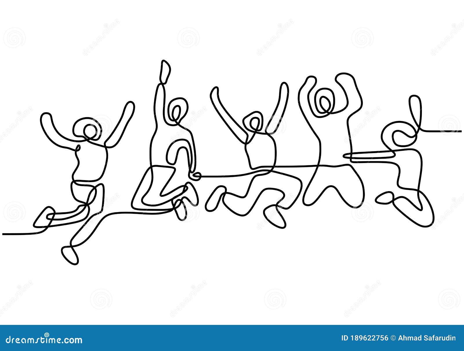 Continuous One Line Drawing of Five Jumping Happy Team Members Stock ...