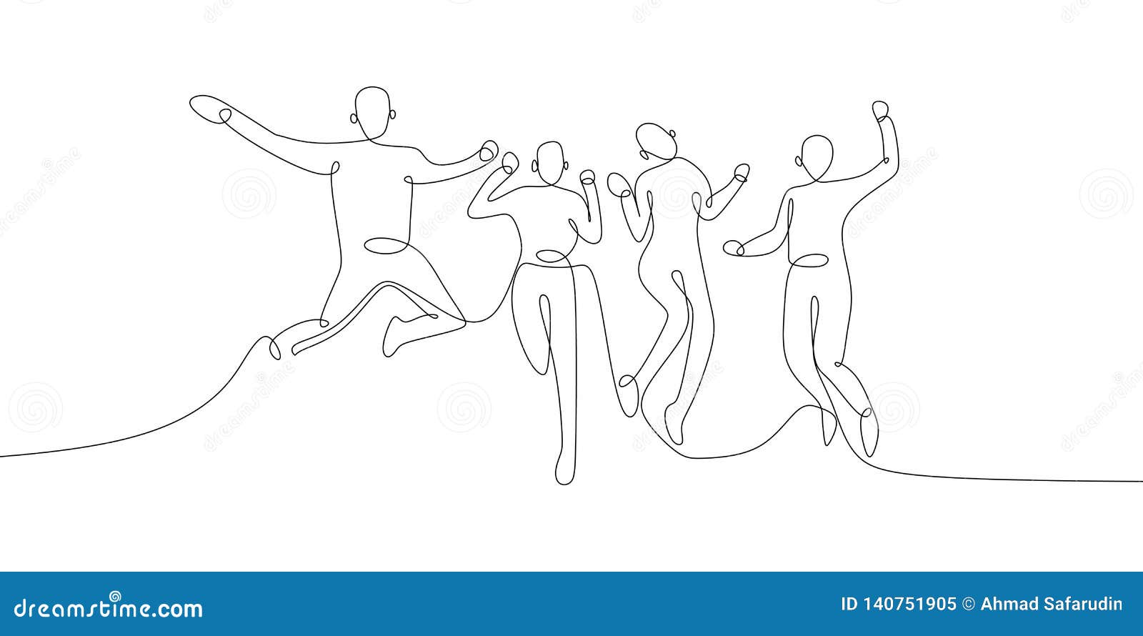 Continuous One Line Drawing of Four Jumping Happy Team Members ...
