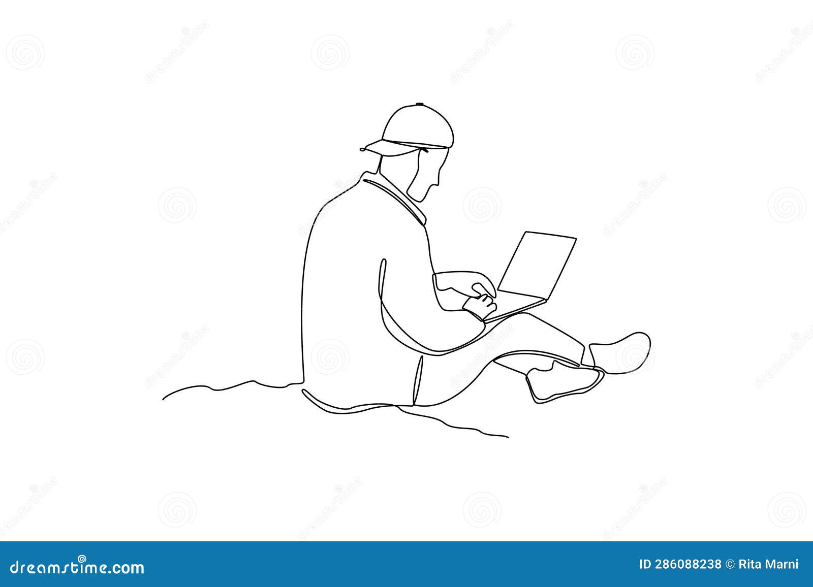 Continuous One Line Drawing of Freelancer Working from Home or Beach at ...