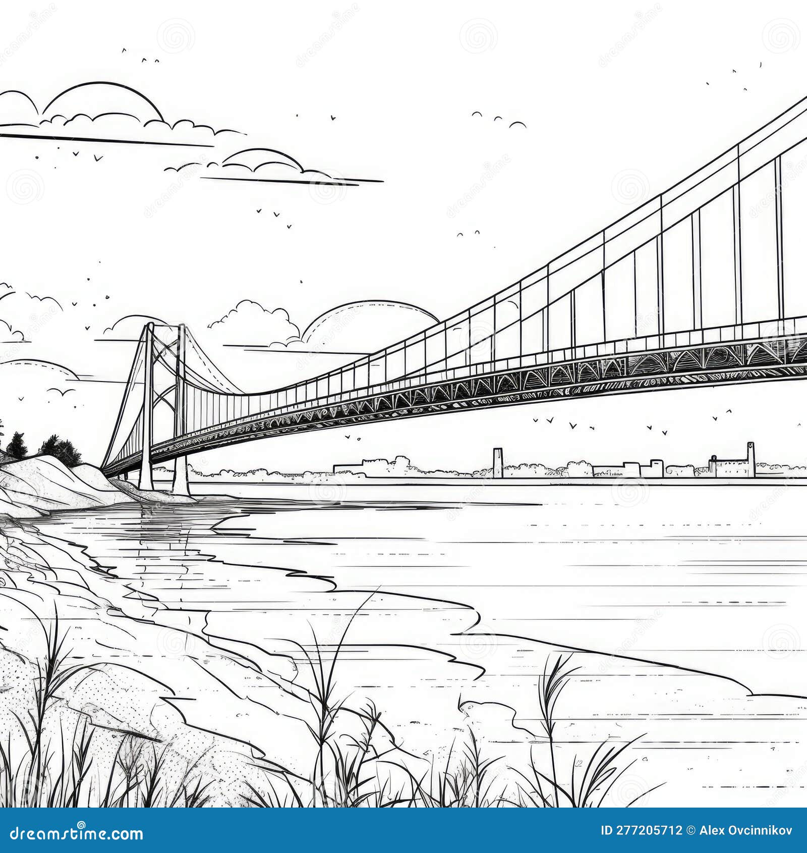 Continuous One Line Drawing of a Giant Bridge Over a River in ...