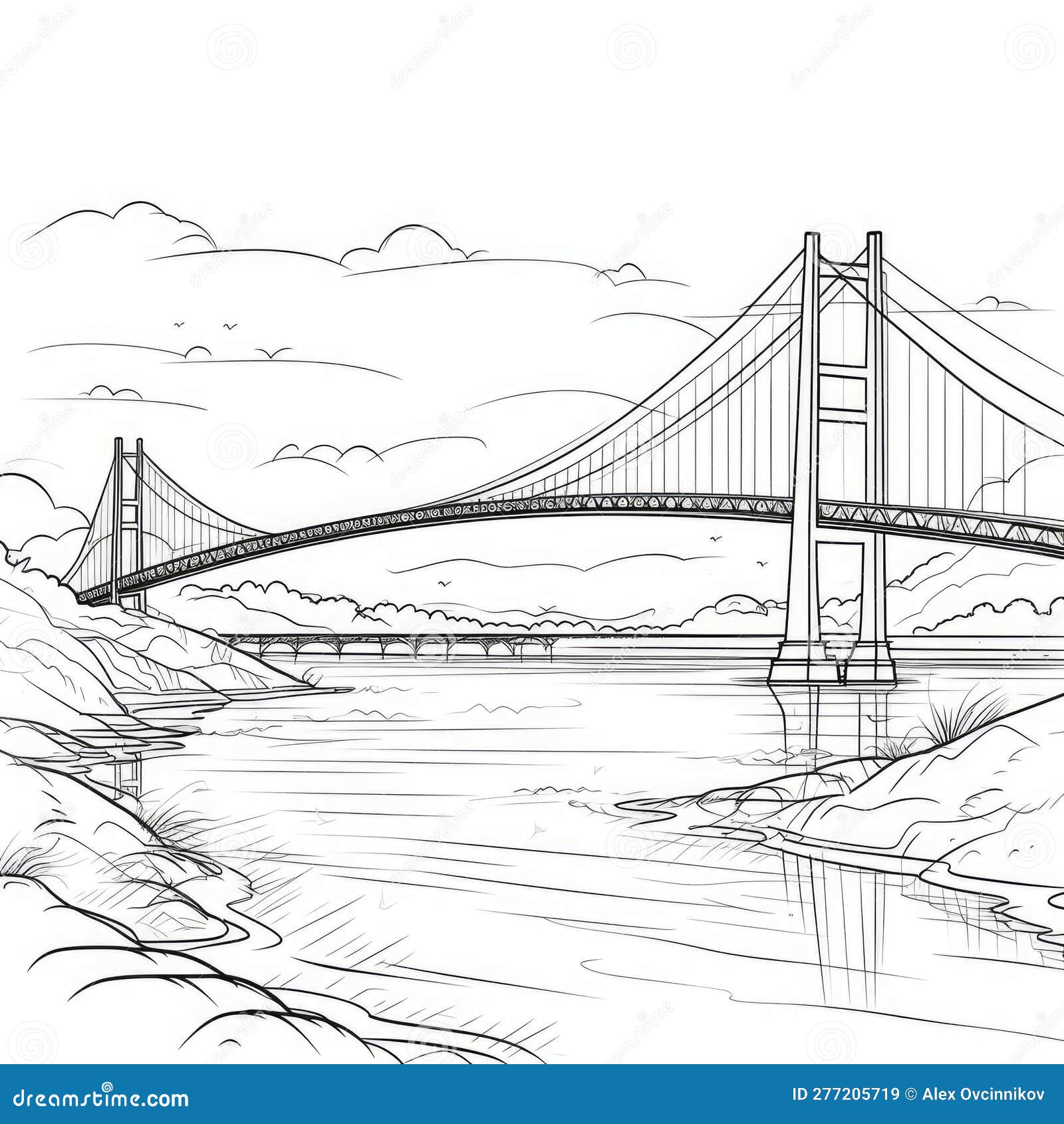 Giant Bridge Over River. Continuous One Line Of Bridge Drawing Design ...