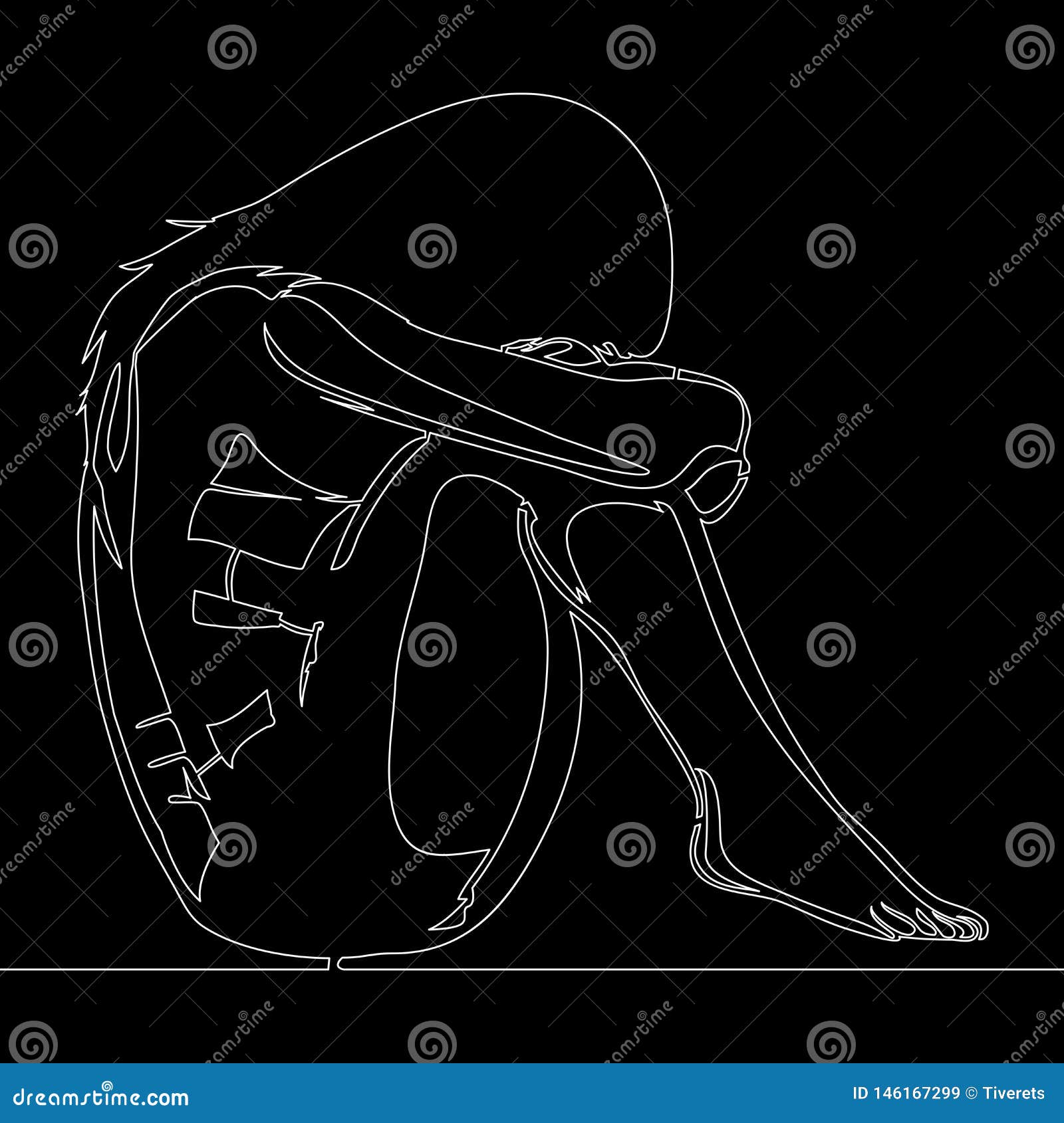 Continuous One Line Drawing Girl Sitting Sad Stock Vector ...