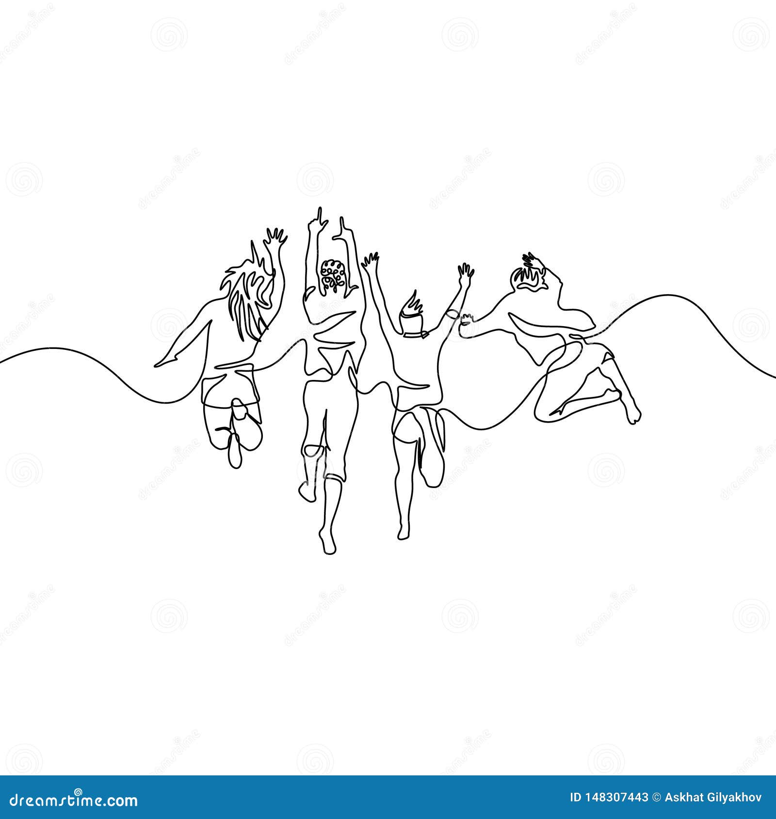 Continuous One Line Drawing Group Jumping Friends Stock Vector ...